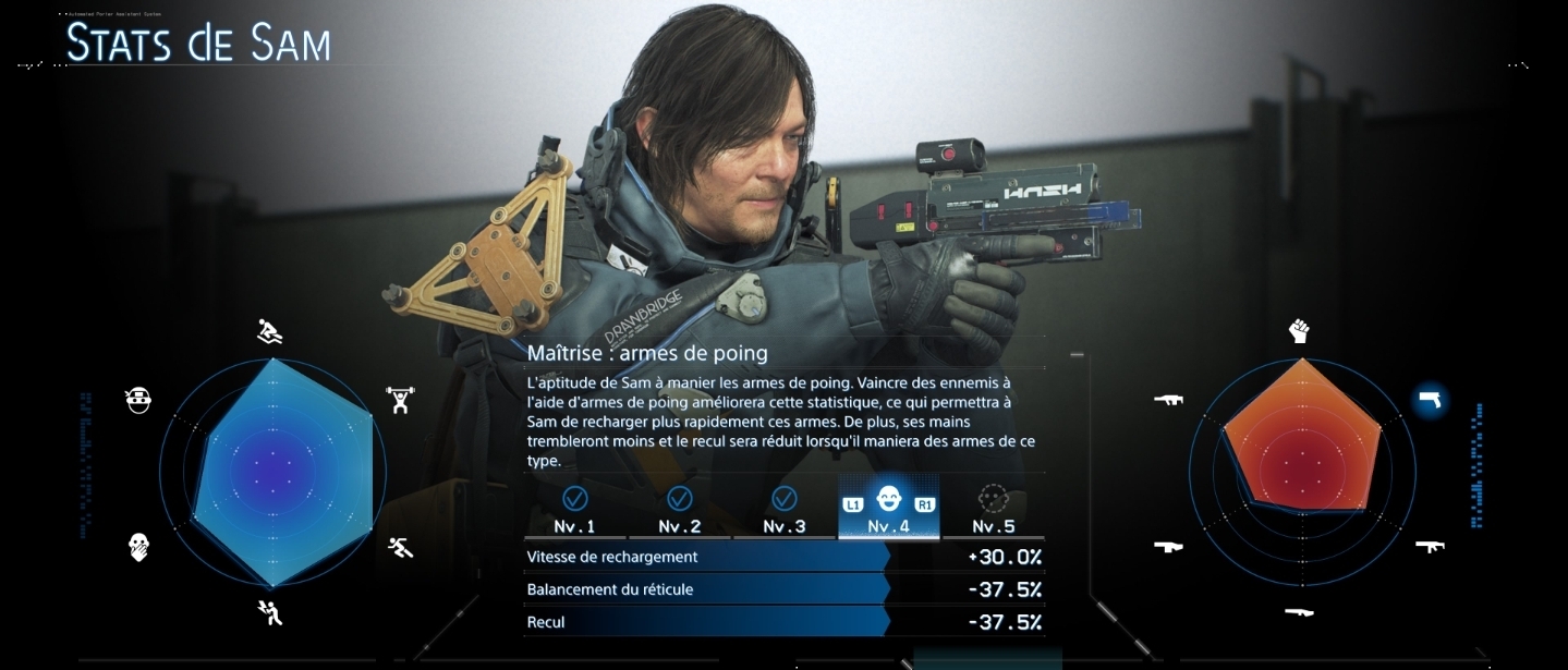 Screenshot Death Stranding 2 PS5 - Stats Sam- Maîtrise armes de poing ...